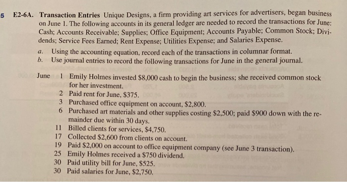 Solved 5 E2-6A. Transaction Entries Unique Designs, a firm | Chegg.com