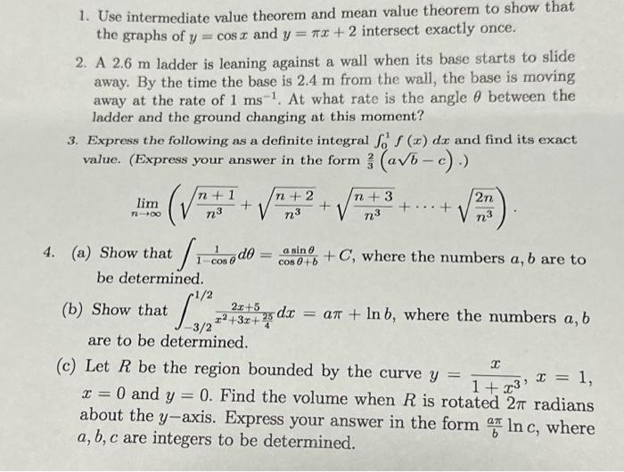 Solved 1. Use intermediate value theorem and mean value | Chegg.com