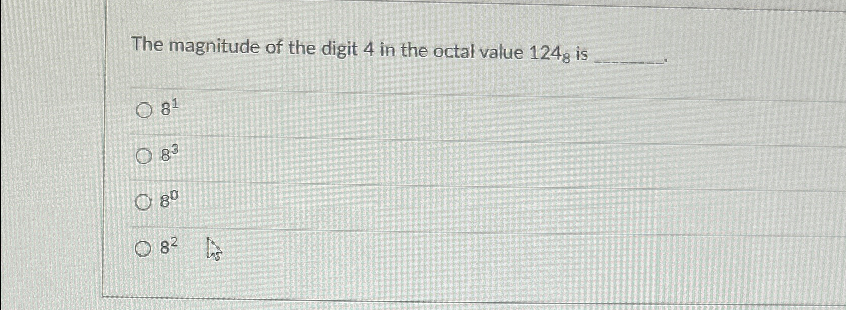 Solved The magnitude of the digit 4 ﻿in the octal value 1248 | Chegg.com