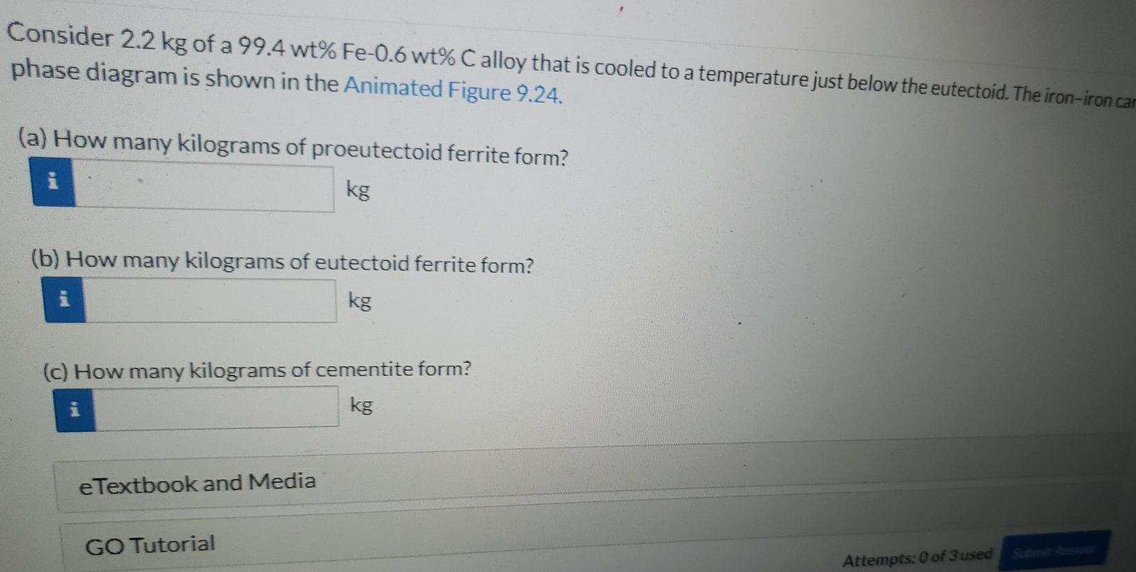 Solved Consider 2.2 kg of a 99.4 wt% Fe-0.6 wt% C alloy that | Chegg.com