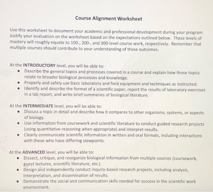 Course Alignment Worksheet Use this worksheet to | Chegg.com