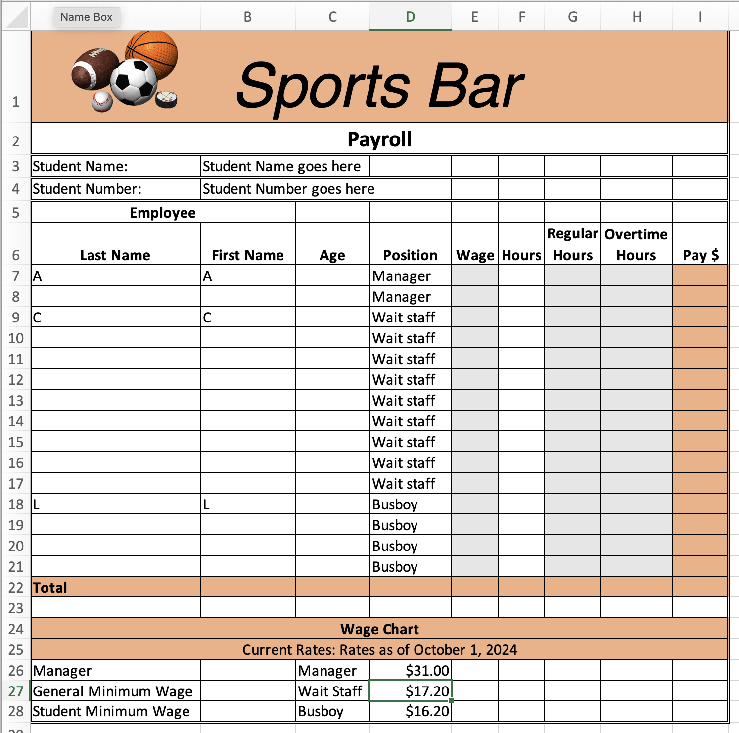 Solved Worksheet 3. ﻿Sports Bar Company Payroll | Chegg.com