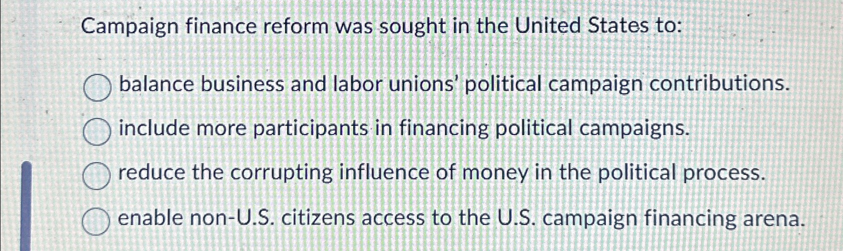 Solved Campaign finance reform was sought in the United | Chegg.com