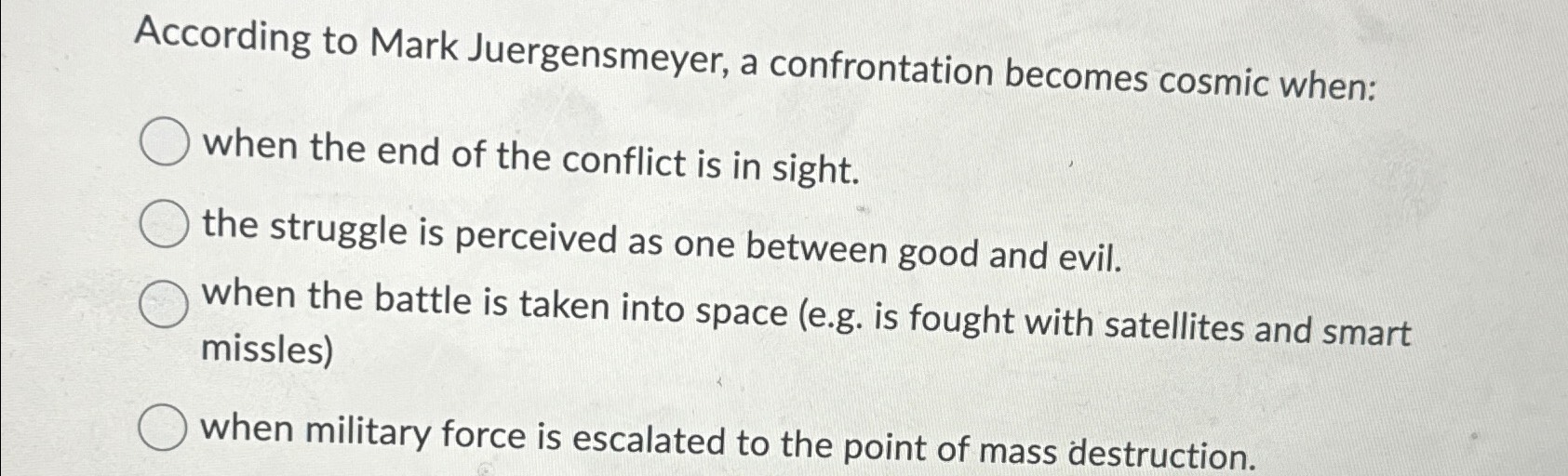 Solved According to Mark Juergensmeyer, a confrontation | Chegg.com
