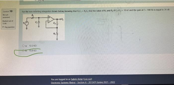 Solved Question 10 For the non inverting integrator shown | Chegg.com