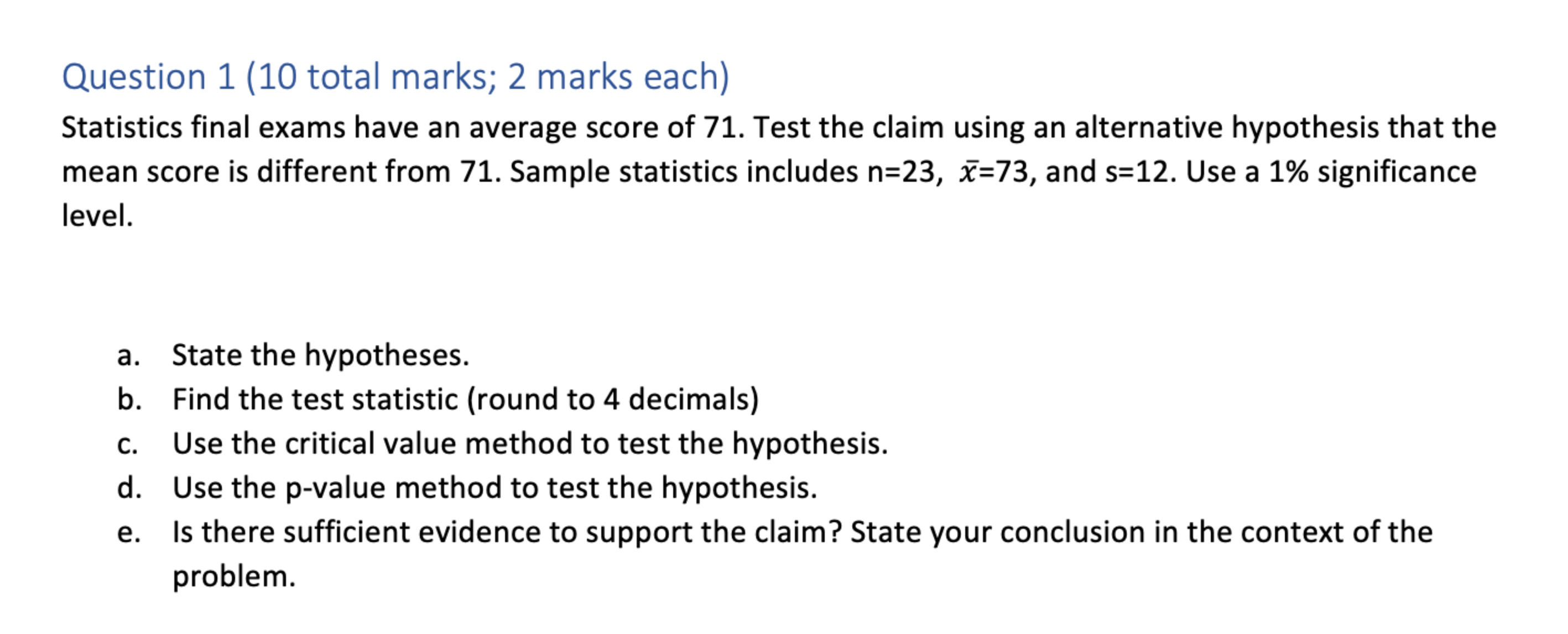 Solved Question 1 (10 ﻿total marks; 2 ﻿marks each)Statistics | Chegg.com