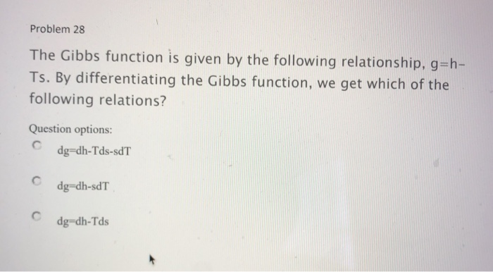 Solved Problem 28 The Gibbs function is given by the | Chegg.com