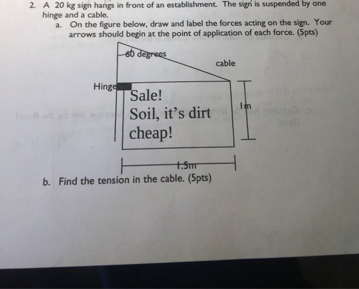 Solved 2. A 20 kg sign hangs in front of an establishment. | Chegg.com