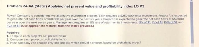 Solved Problem 24-4A (Static) Applying net present value and | Chegg.com