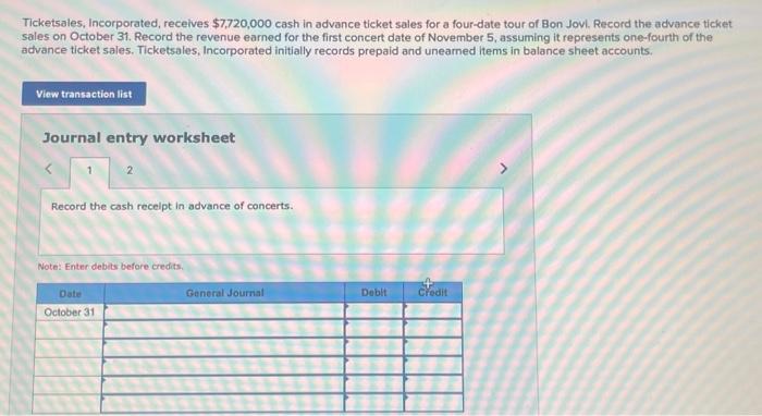 Solved Ticketsales, Incorporated, receives $7,720,000 cash | Chegg.com