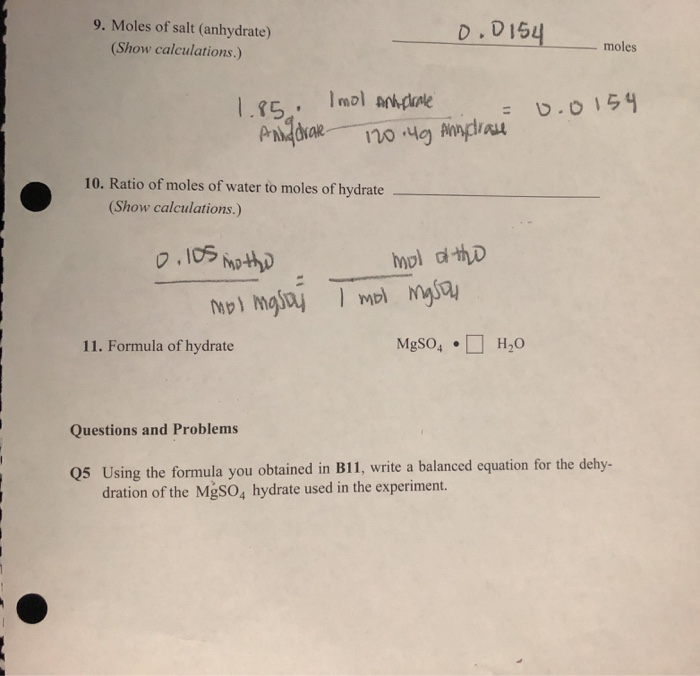 Solved 9. Moles of salt (anhydrate) (Show calculations.) | Chegg.com