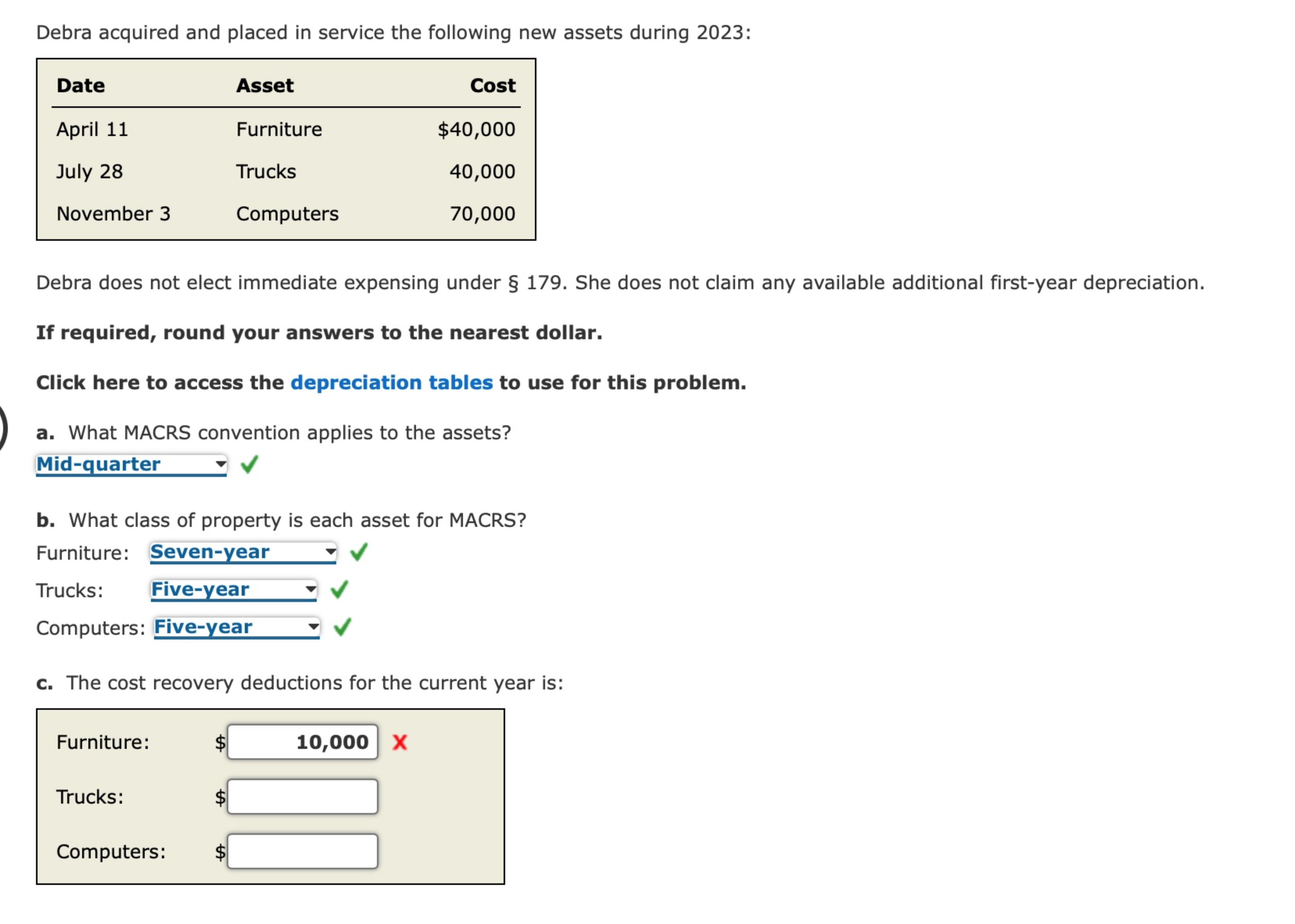 Solved Debra acquired and placed in service the following | Chegg.com