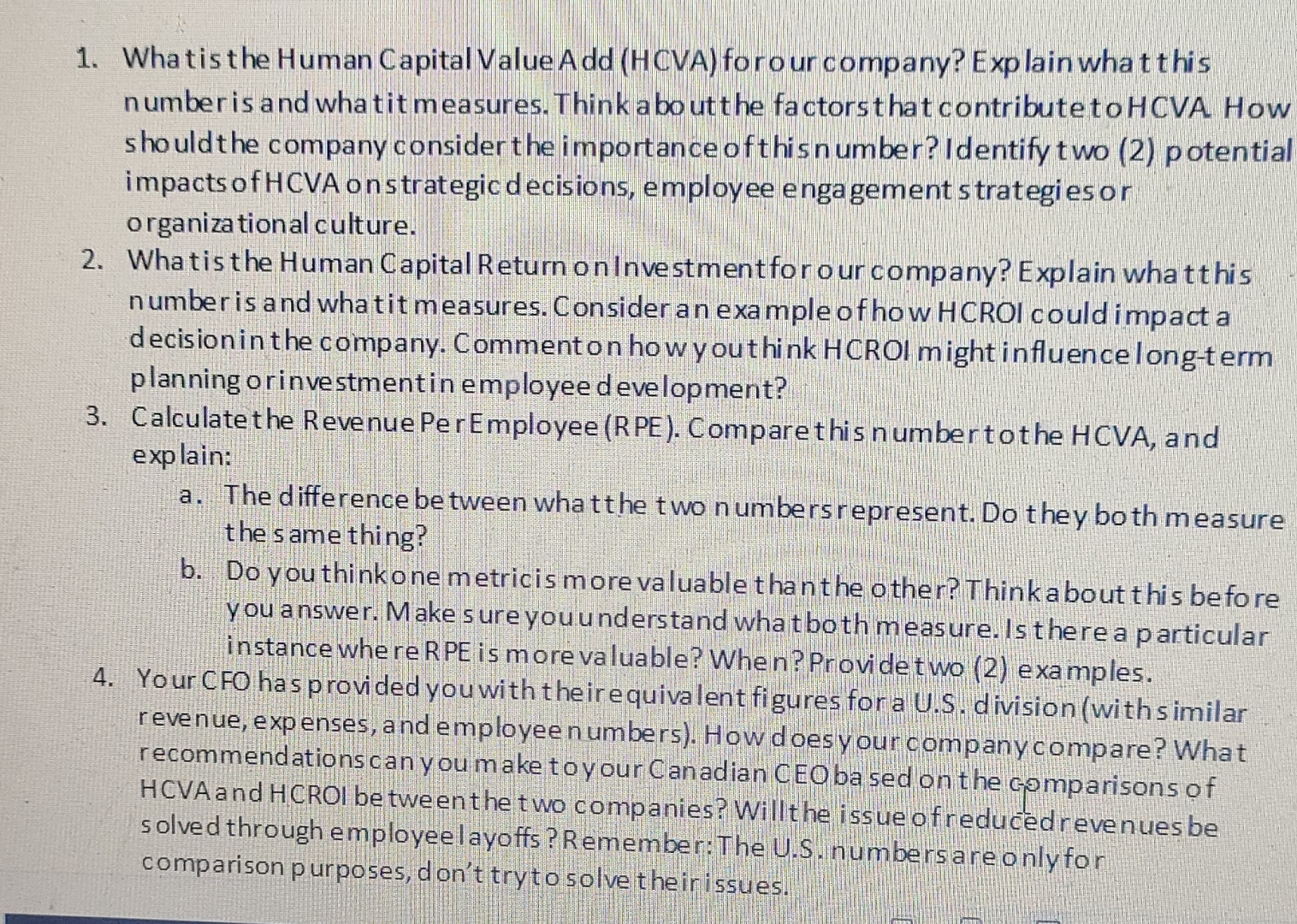 Solved Wha tis the Human Capital Value Add (HCVA) ﻿for o ur | Chegg.com