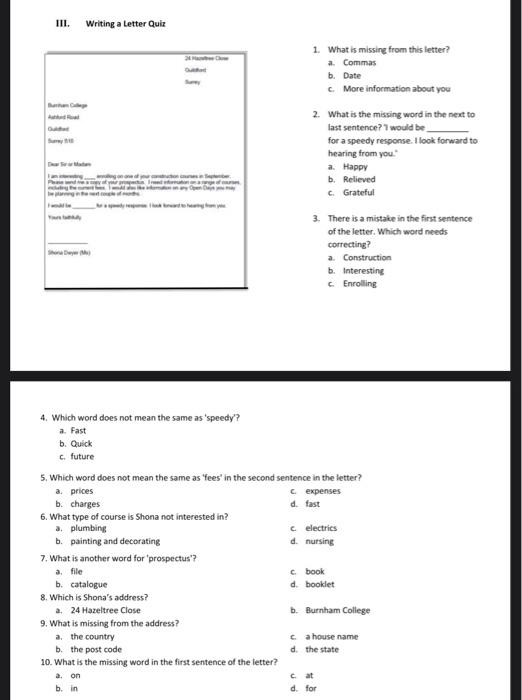 Solved III. Writing a Letter Quiz hehe 1. What is missing | Chegg.com