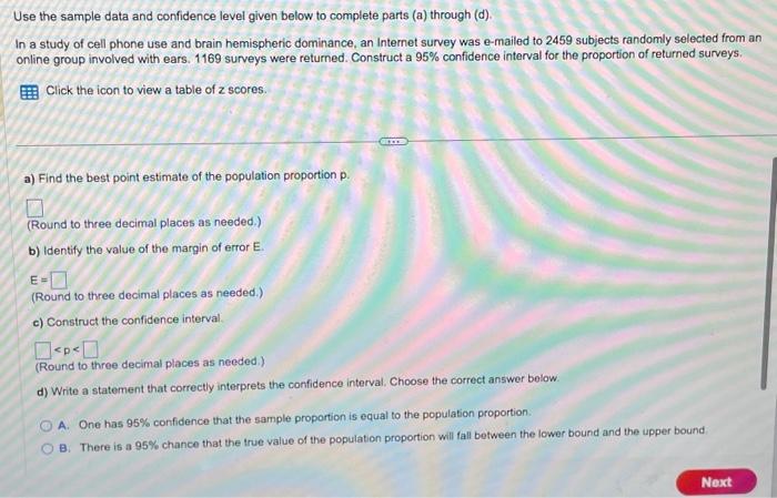 Solved Use the sample data and confidence level given below | Chegg.com