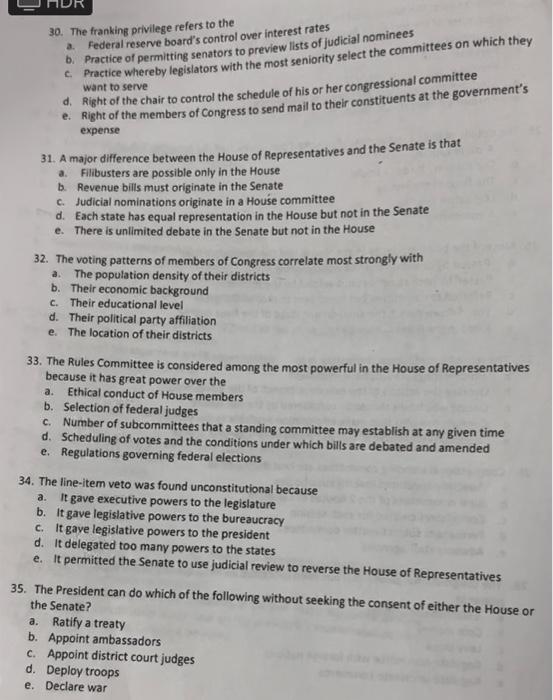 30. The franking privilege refers to the a. Federal | Chegg.com