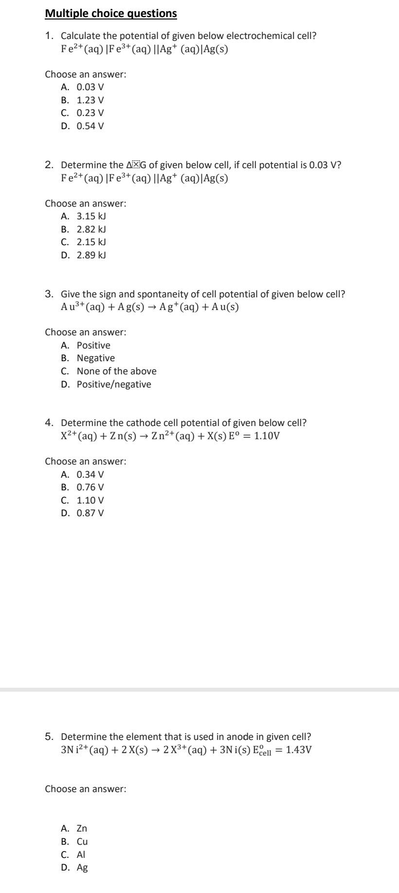 Solved Multiple choice questions 1. Calculate the potential | Chegg.com