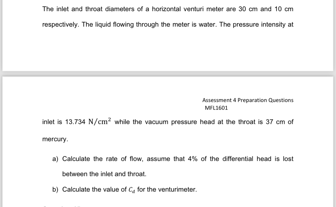 Solved The inlet and throat diameters of a horizontal | Chegg.com