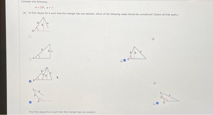 Solved Consider the following. A=33∘,a=7 (a) To find values | Chegg.com