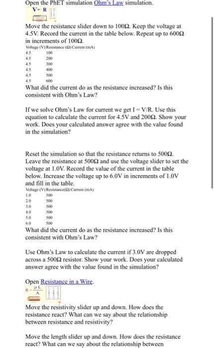Solved Open the PhET simulation Ohm's Law simulation. V-R | Chegg.com