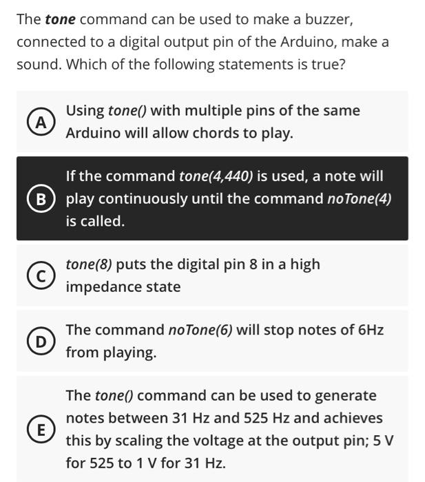 Solved The tone command can be used to make a buzzer, | Chegg.com