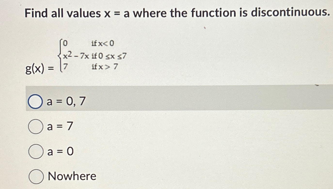Solved Find all values x=a where the function is | Chegg.com