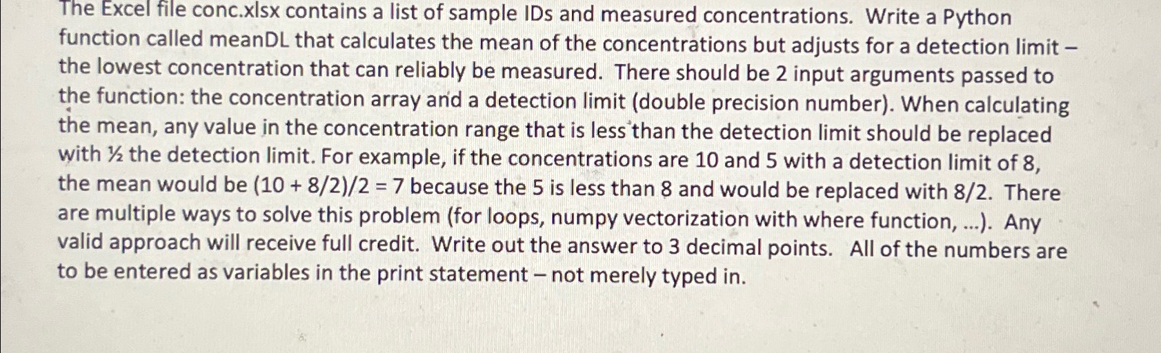Solved The Excel file conc.xlsx contains a list of sample | Chegg.com