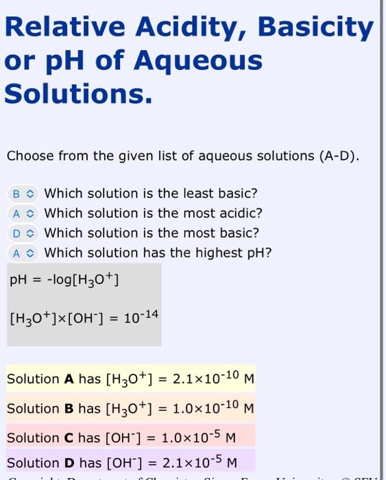 Solved Relative Acidity, Basicity or pH of Aqueous | Chegg.com