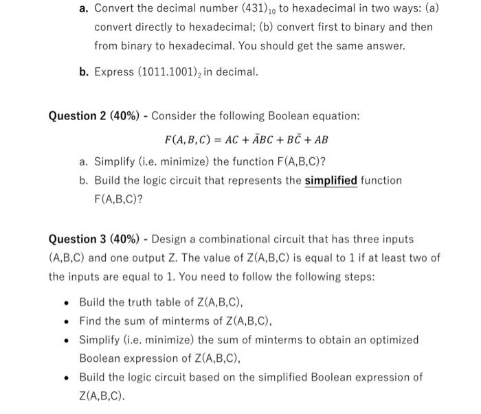 Solved a. Convert the decimal number (431)10 to hexadecimal | Chegg.com