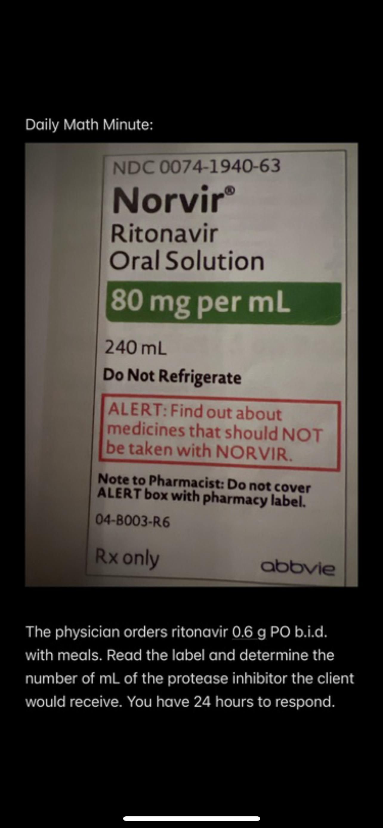 Solved Daily Math Minute:NDC 0074-1940-63NorvirRitonavirOral | Chegg.com