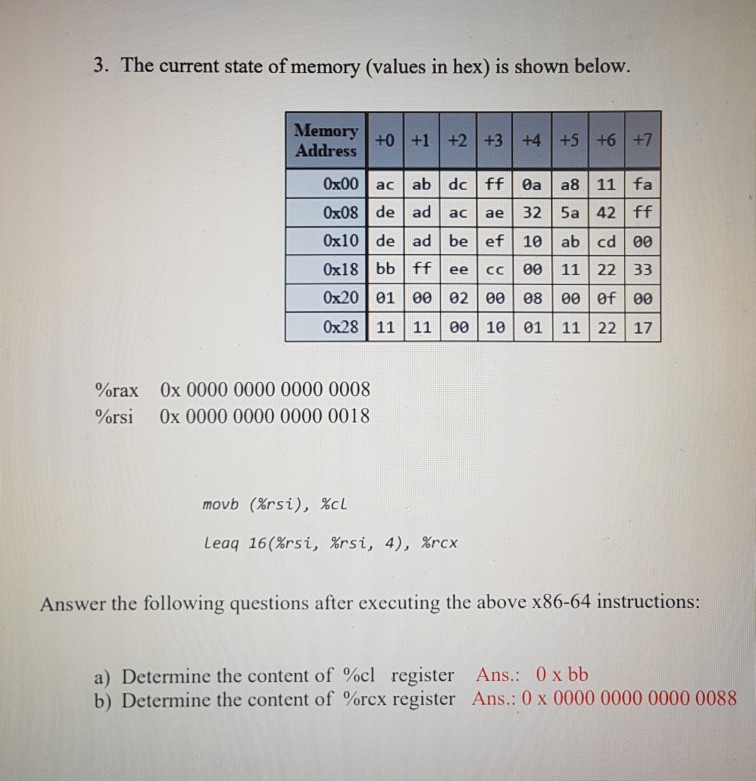 3. The current state of memory (values in hex) is | Chegg.com