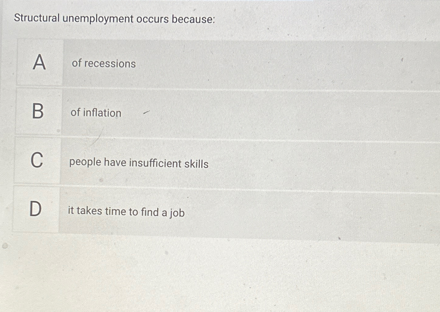 Solved Structural unemployment occurs because:A of | Chegg.com