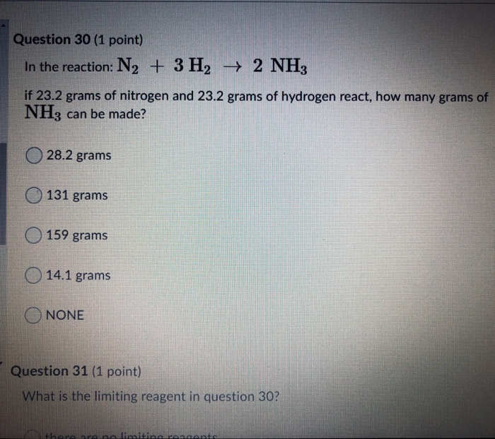 Solved Question 30 (1 point) In the reaction: N2 + 3H2 → 2 | Chegg.com