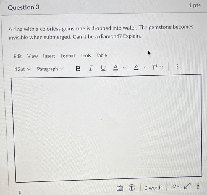 Solved A ring with a colorless gemstone is dropped into | Chegg.com