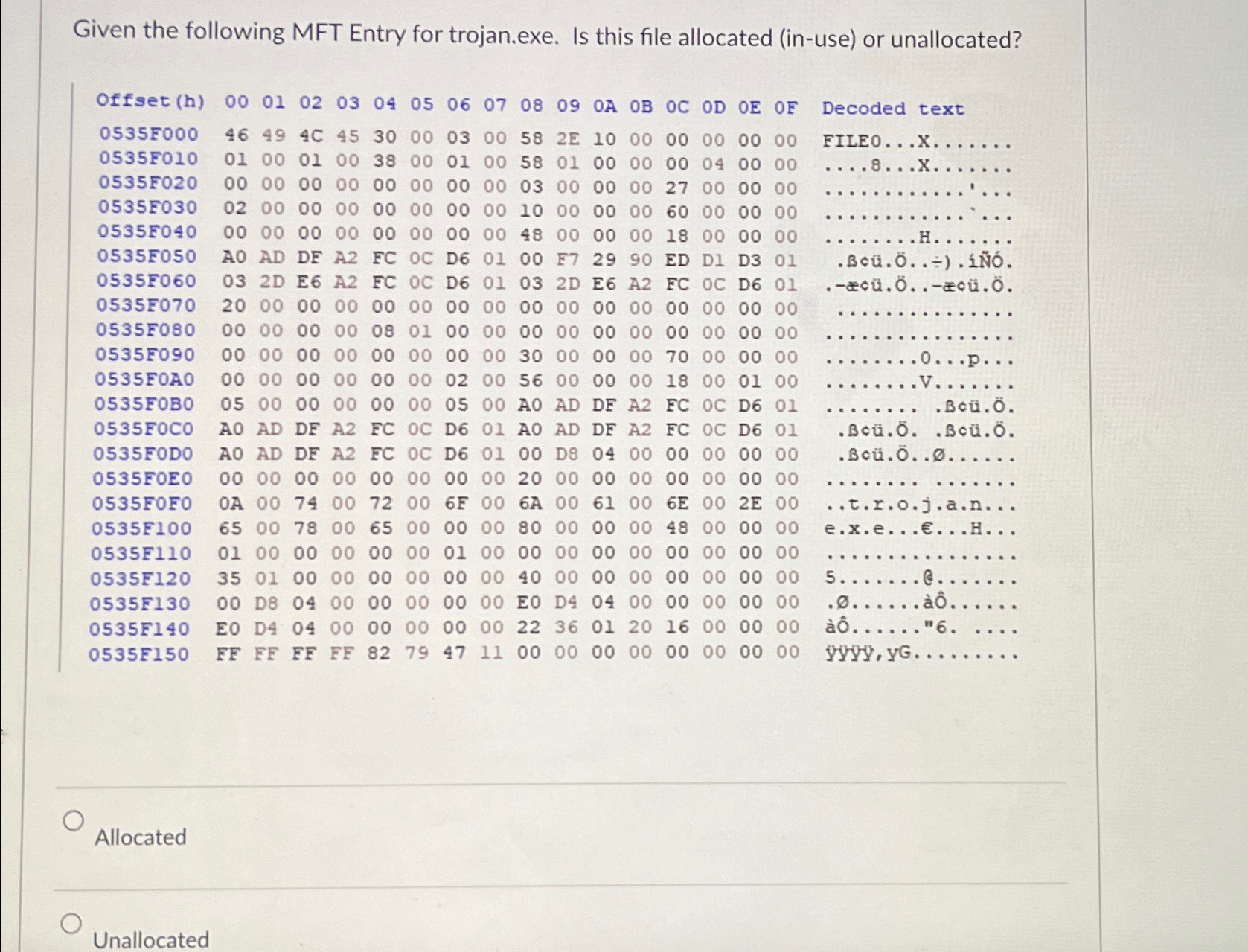 Solved Given the following MFT Entry for trojan.exe. Is this | Chegg.com
