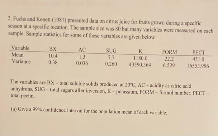 Solved 2. Fuchs and Kenett (1987) presented data on citrus | Chegg.com