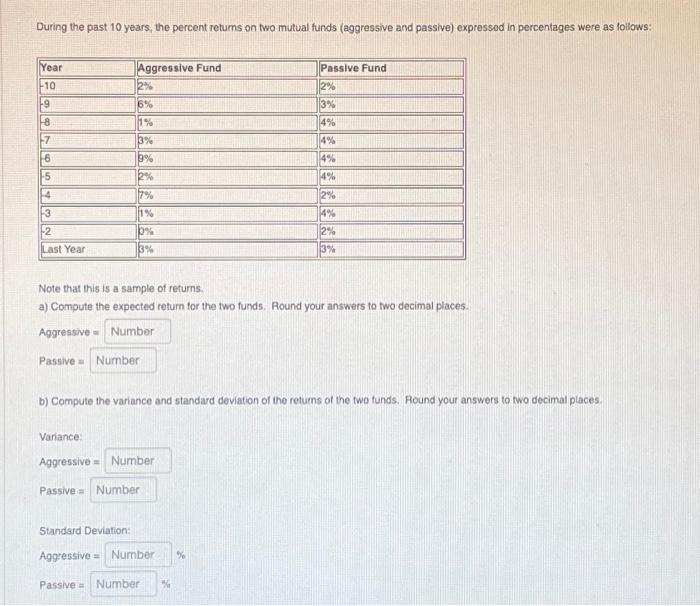 Solved During the past 10 years, the percent returns on two | Chegg.com