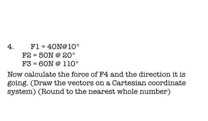 4. F1=40N@10∘F2=50N@20∘F3=60N@110∘ Now calculate the | Chegg.com