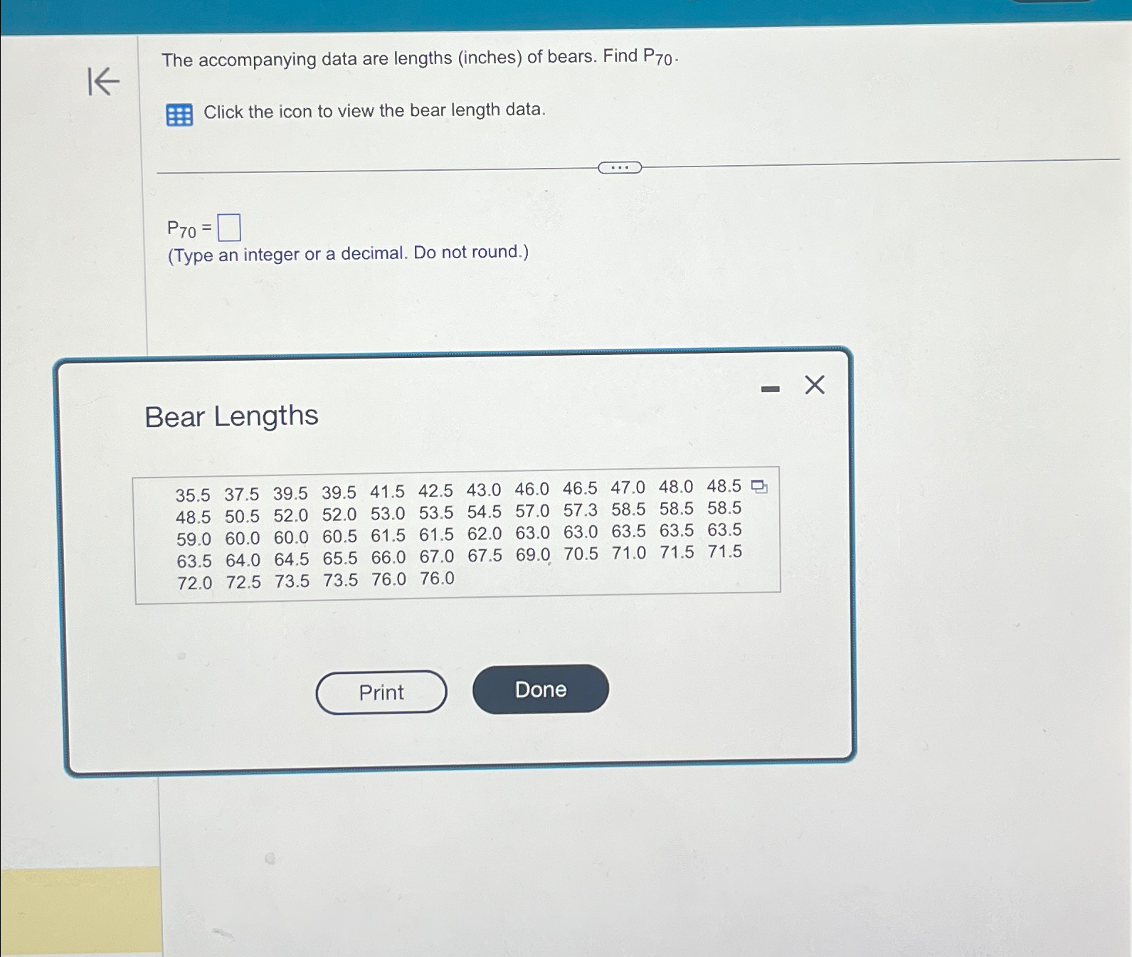 Solved The accompanying data are lengths (inches) ﻿of bears. | Chegg.com