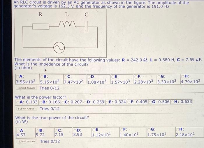 Solved An RLC circuit is driven by an AC generator as shown | Chegg.com