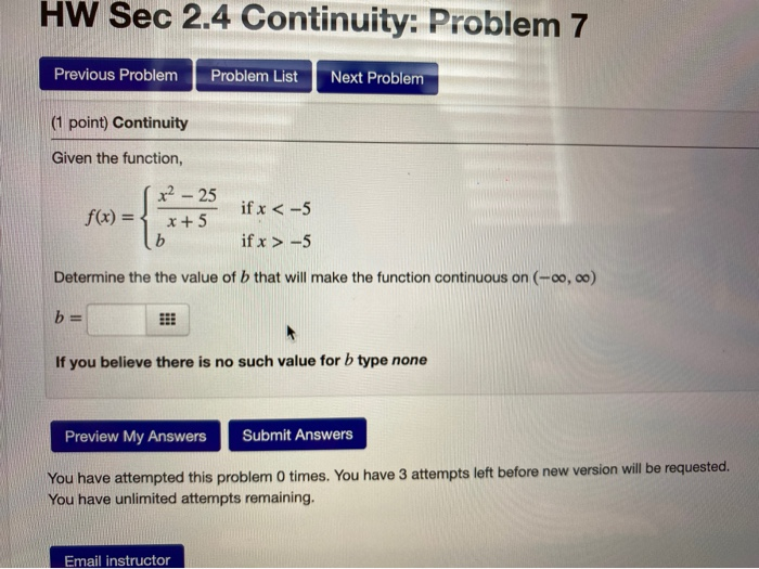 Solved HW Sec 2.4 Continuity: Problem 7 Previous Problem | Chegg.com