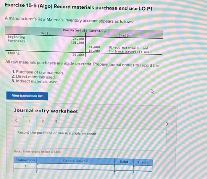 Solved Exercise 15-5 (Algo) Record materials purchase and | Chegg.com