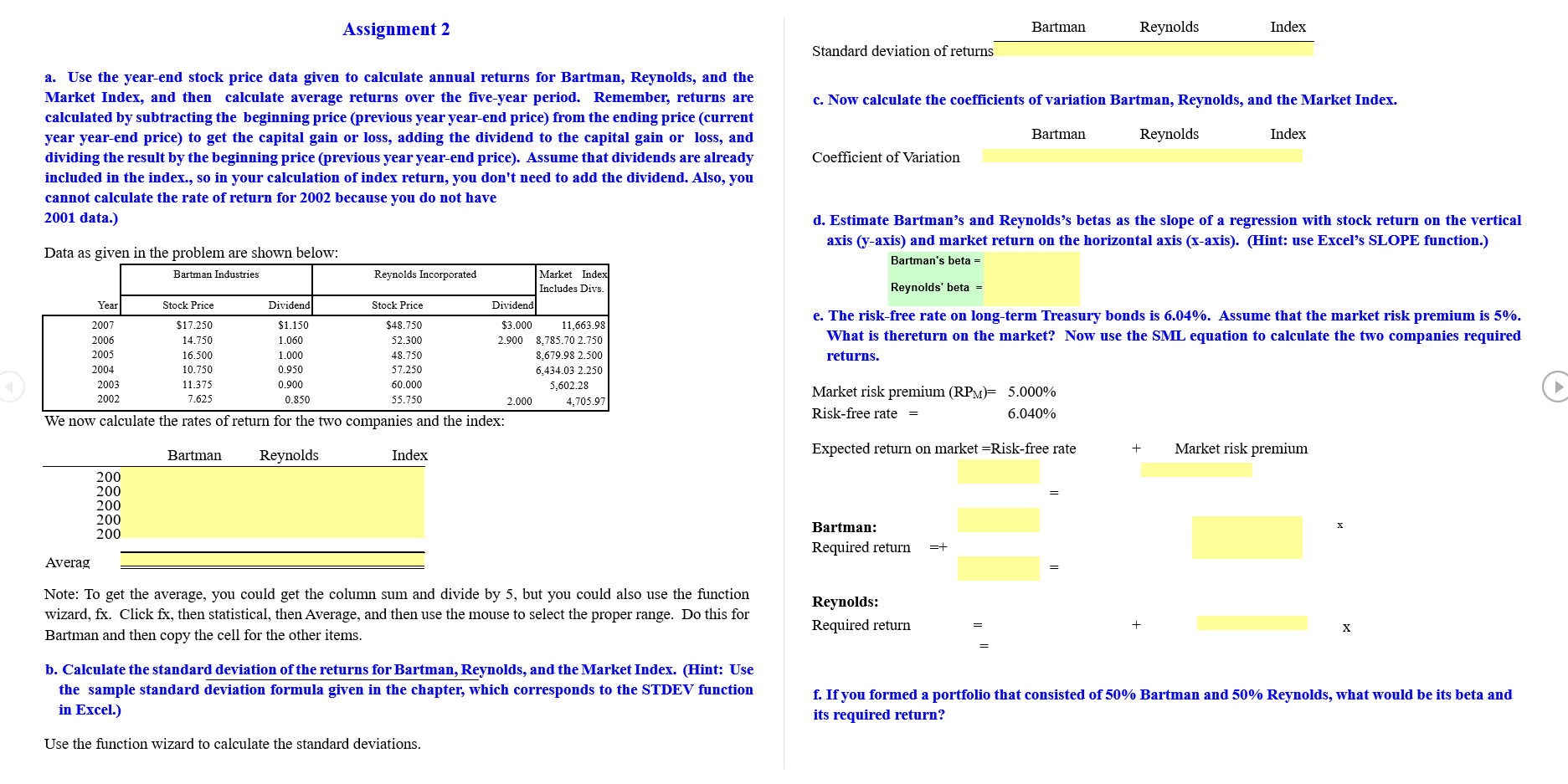 Solved Assignment 2a. ﻿Use the year-end stock price data | Chegg.com