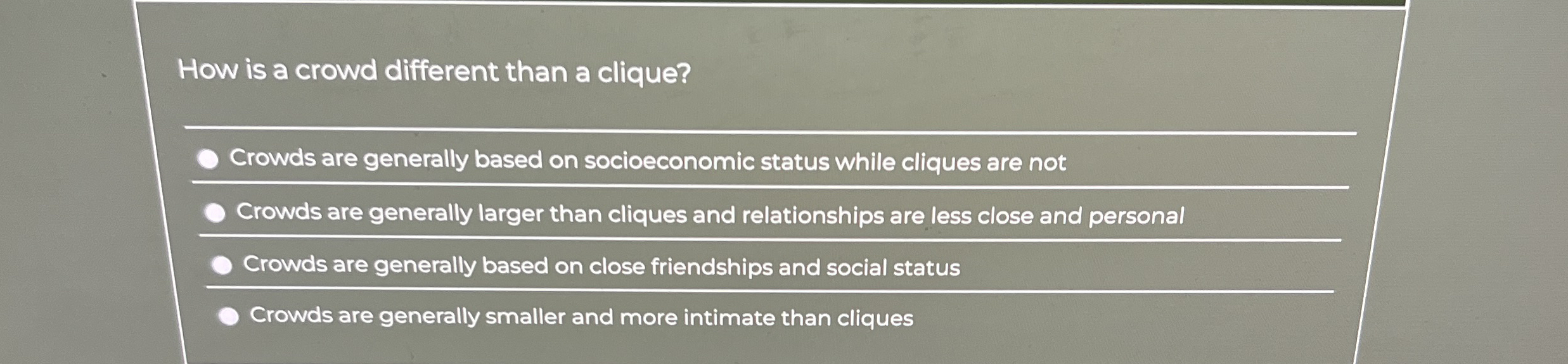 Solved How is a crowd different than a clique?q,q,Crowds are | Chegg.com