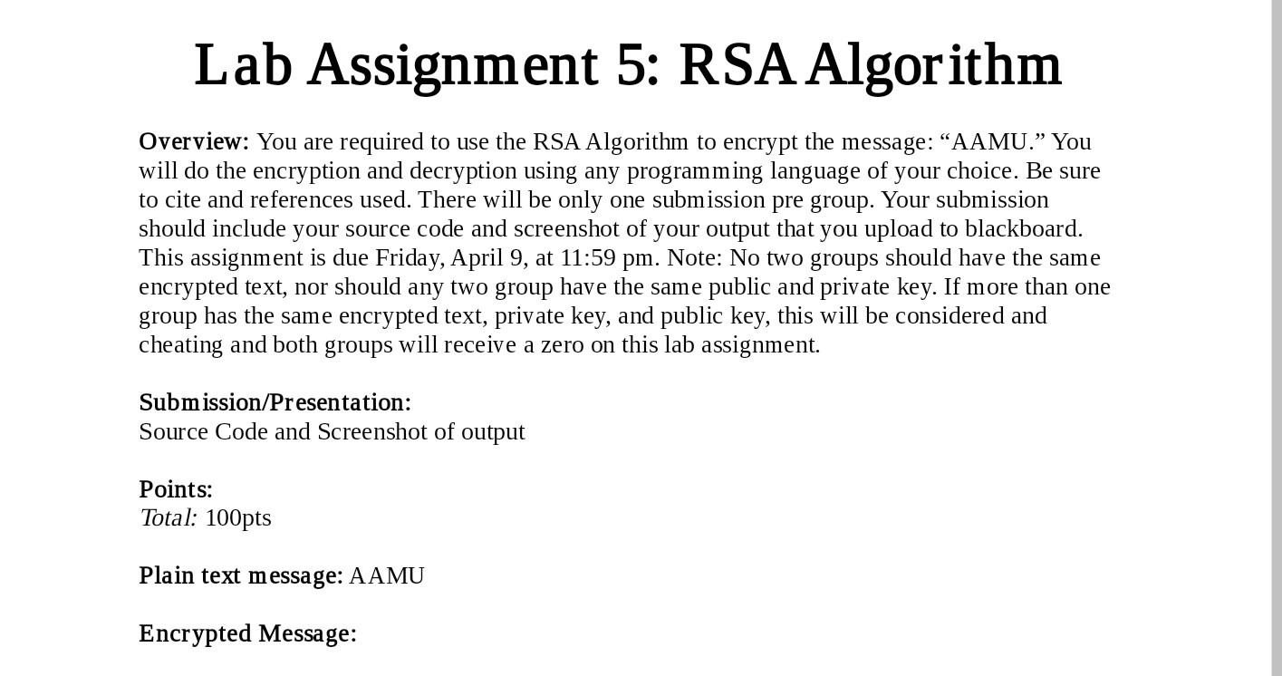 Solved Lab Assignment 5: RSA Algorithm Overview: You are | Chegg.com
