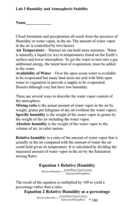Solved Lab 3 Humidity and Atmospheric Stability | Chegg.com