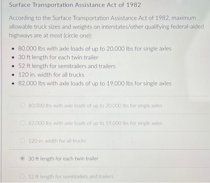 Solved Surface Transportation Assistance Act of 1982 | Chegg.com