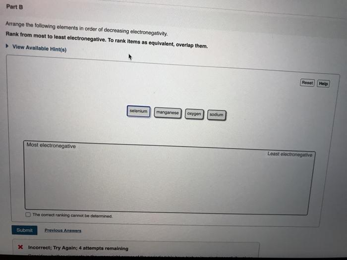 Solved Part B Arrange the following elements in order of | Chegg.com