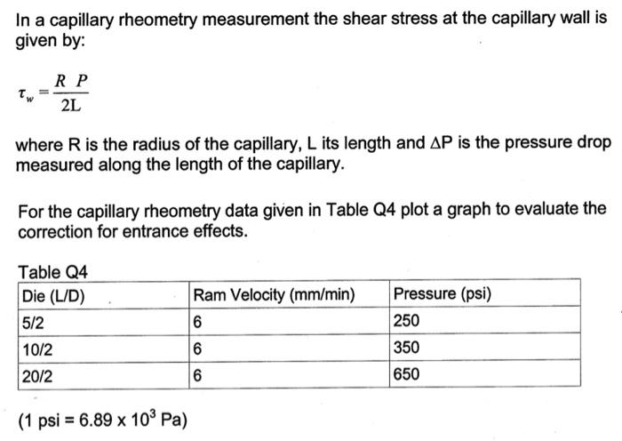 Solved In a capillary rheometry measurement the shear stress | Chegg.com
