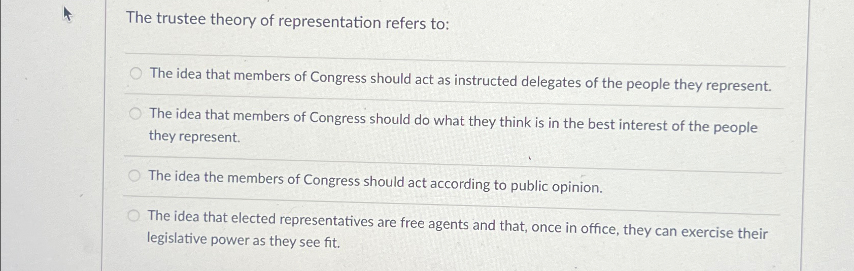 Solved The trustee theory of representation refers to:The | Chegg.com